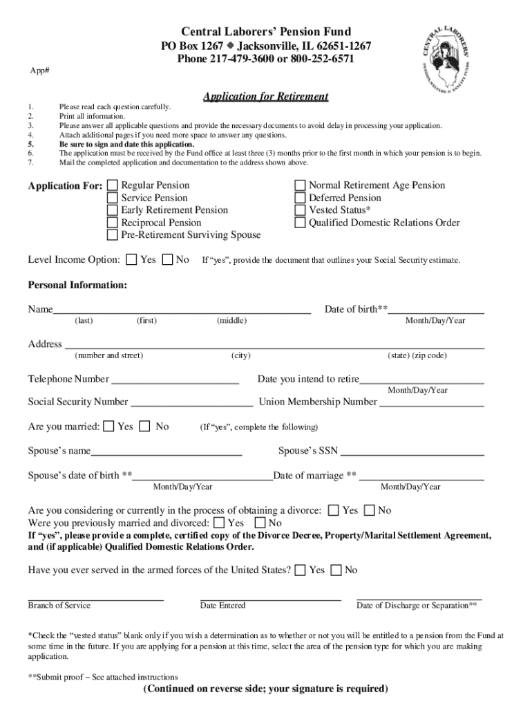 Fillable Online Central Laborers’ Pension Fund - Application for ...
