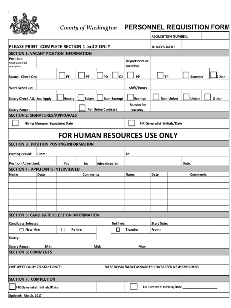 Fillable Online Personnel Requisition Form - County of Washington Fax ...