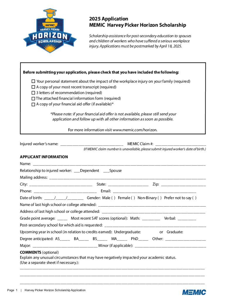 Fillable Online Memic Harvey Picker Horizon Scholarship Fax Email Print - pdfFiller