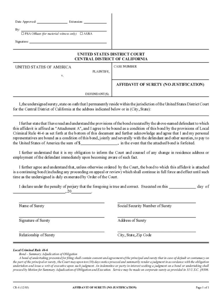Fillable Online Affidavit of Surety (no Justification) Fax Email Print - pdfFiller