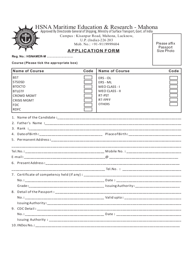 Fillable Online Hsna Maritime Education & Research - Application Form ...
