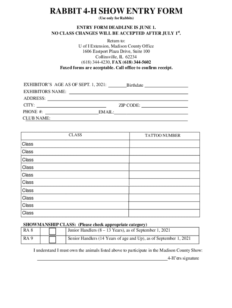 Fillable Online Rabbit 4-h Show Entry Form Fax Email Print - pdfFiller