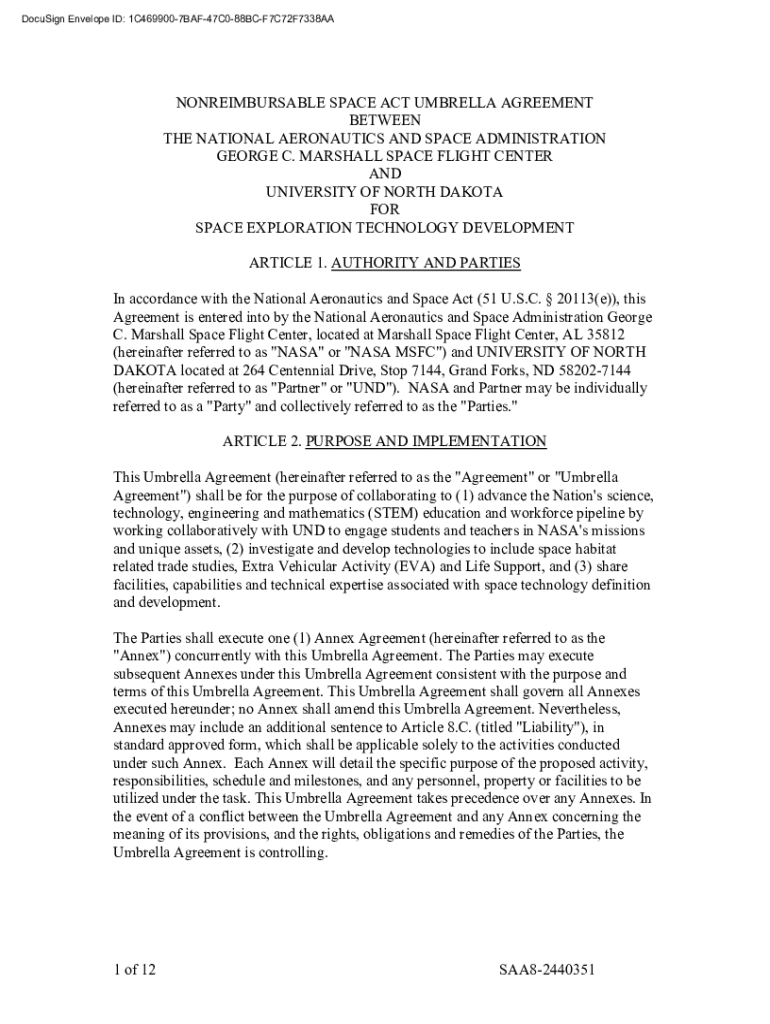 Fillable Online Nonreimbursable Space Act Umbrella Agreement Between Nasa and University of ...