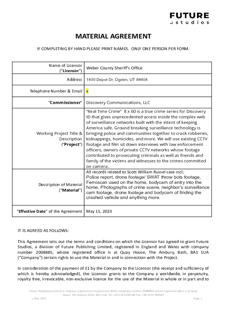Fillable Online Material Agreement for Use of Cctv Footage Fax Email ...