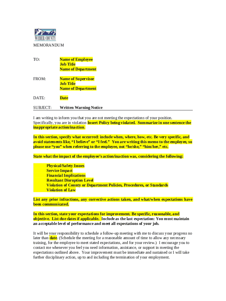 Written Warning Notice Doc Template | pdfFiller
