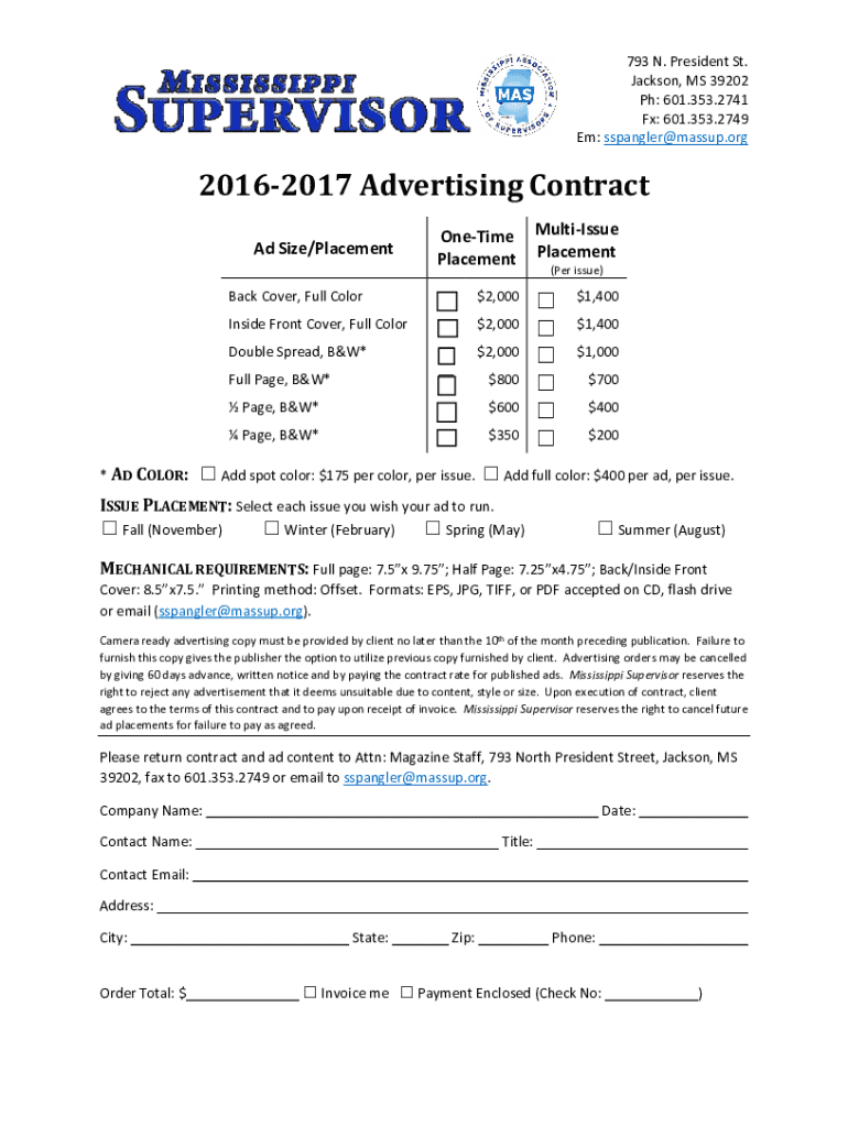 Fillable Online 2016-2017 Advertising Contract Fax Email Print - pdfFiller