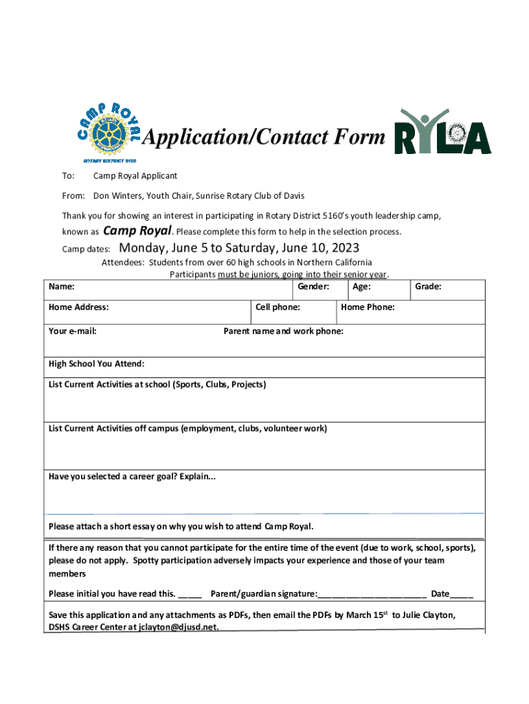 Fillable Online Camp Royal Application Form Fax Email Print - pdfFiller