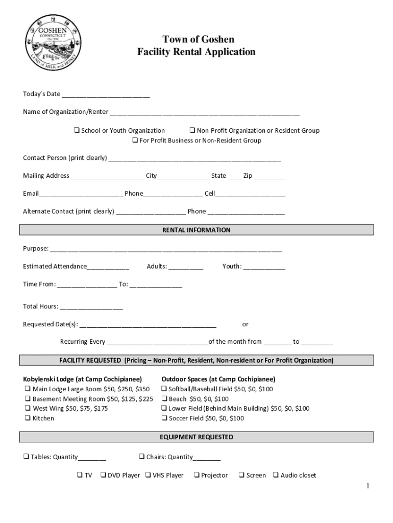 Fillable Online Town of Goshen Facility Rental Application Fax Email ...