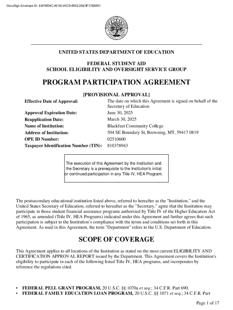 Fillable Online Program Participation Agreement [provisional Approval ...