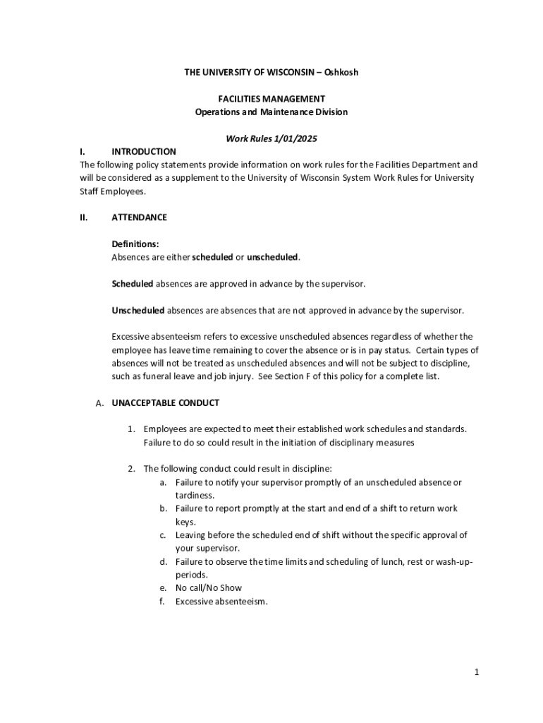 Fillable Online Work Rules for Facilities Department Fax Email Print ...