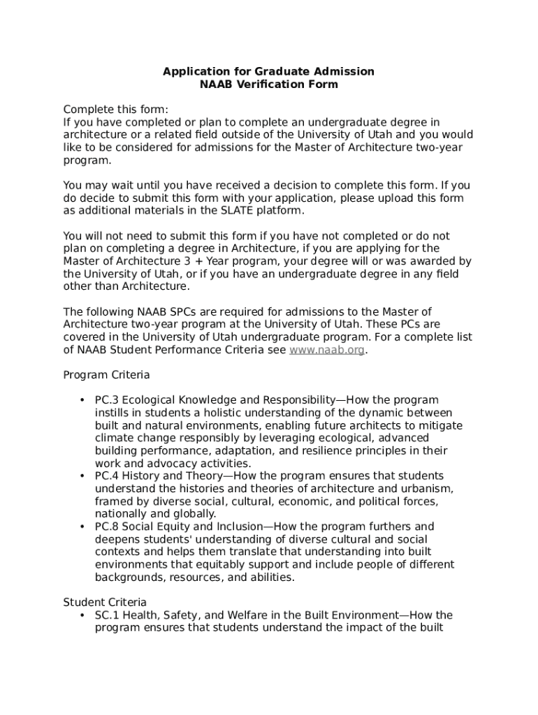 Application for Graduate Admission Naab Verification Doc Template | pdfFiller