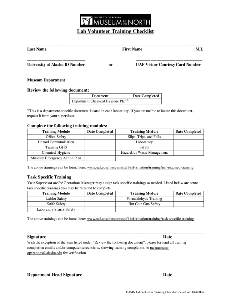 Fillable Online Lab Volunteer Training Checklist Fax Email Print - pdfFiller