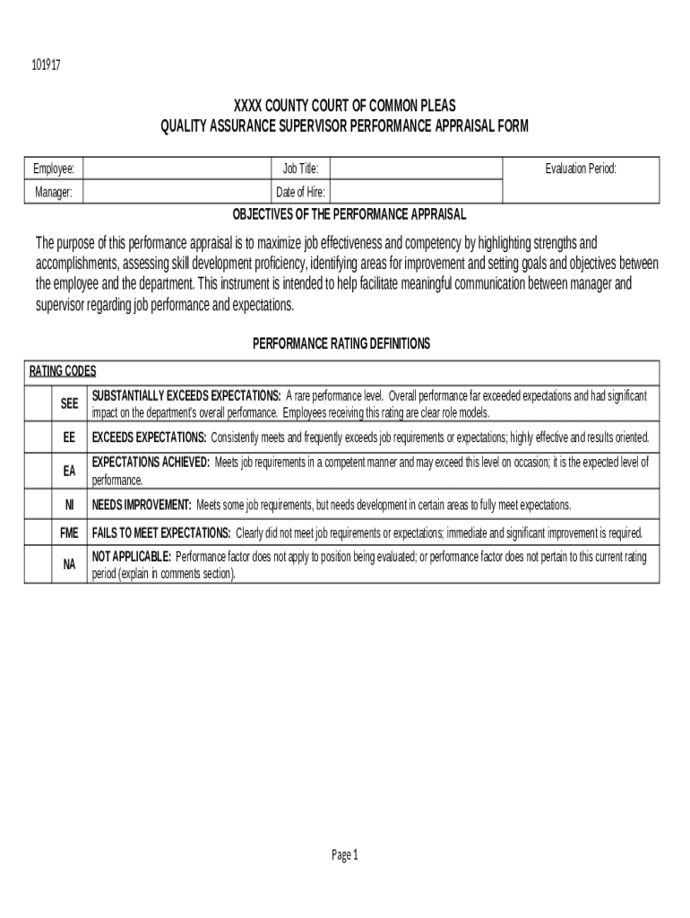 Quality Assurance Supervisor Perance Appraisal Doc Template | pdfFiller