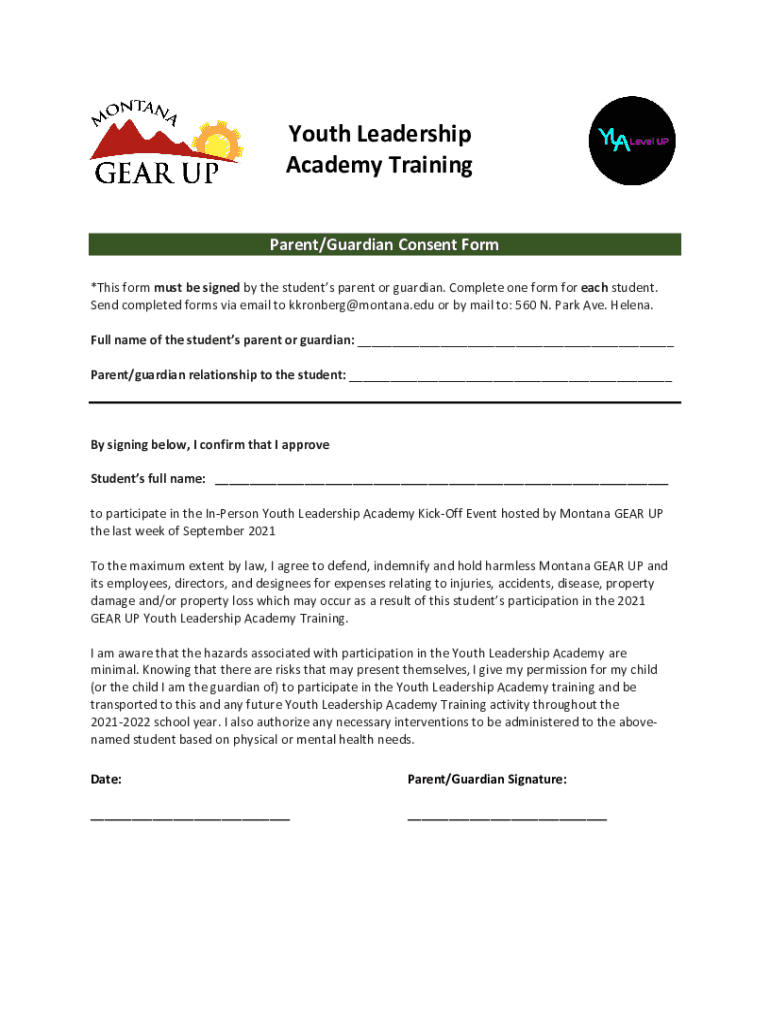 Fillable Online Parent/guardian Consent Form for Youth Leadership Academy Fax Email Print ...