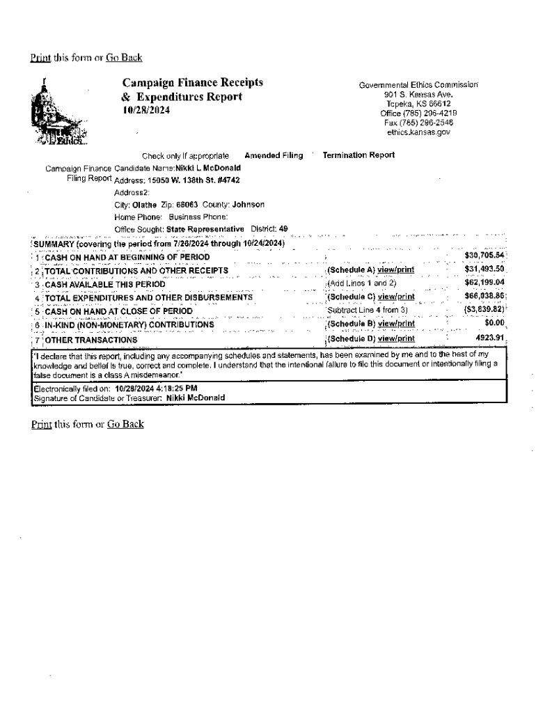 Fillable Online Campaign Finance Receipts & Expenditures Report Fax ...