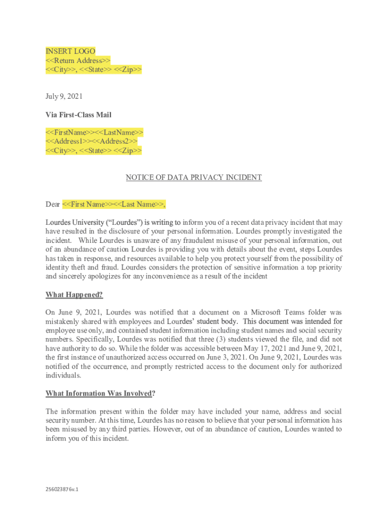 Fillable Online inform you of a recent data privacy incident that may ...
