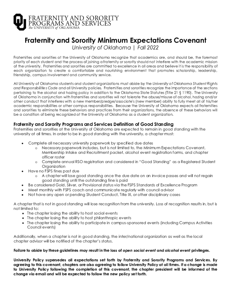 Fillable Online Fraternity and Sorority Minimum Expectations Covenant ...