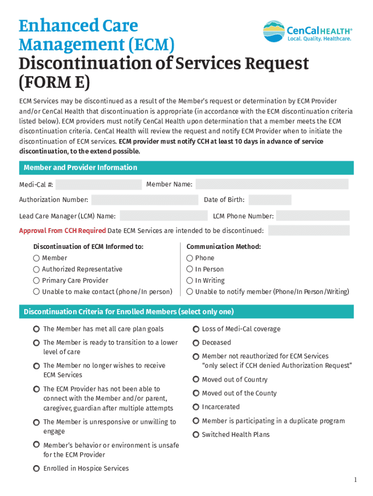 Fillable Online Enhanced Care Management (ecm) Discontinuation of ...