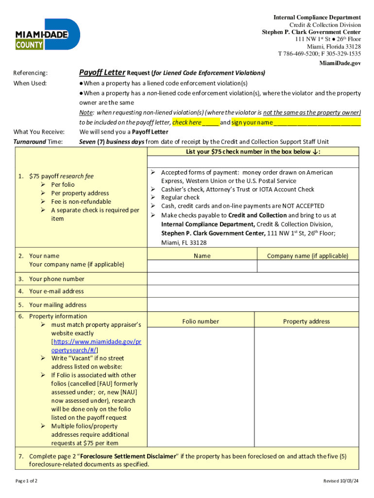 Fillable Online Payoff Letter Request (for Liened Code Enforcement ...