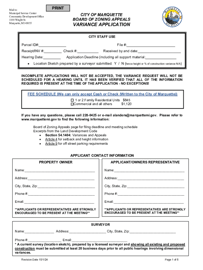 Fillable Online City of Marquette Board of Zoning Appeals - Variance ...