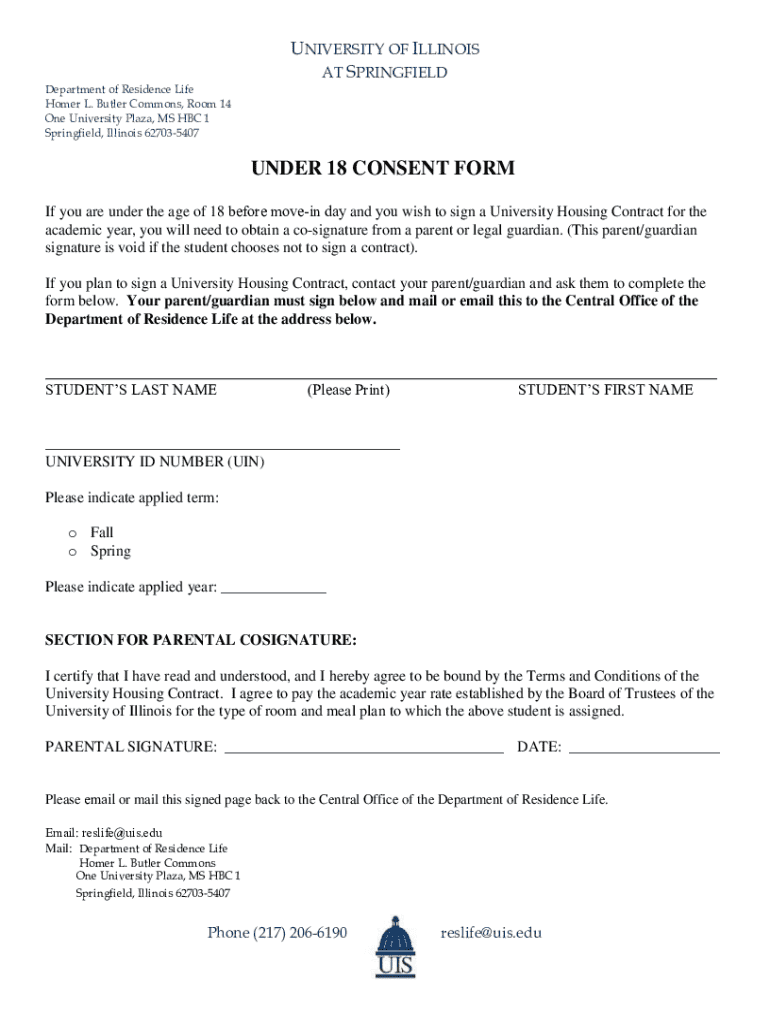 Fillable Online Under 18 Consent Form for University Housing Contract ...