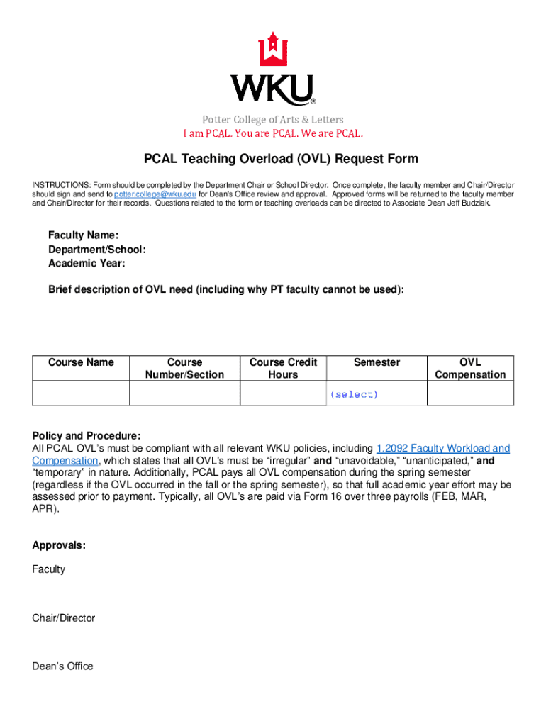 Fillable Online Pcal Teaching Overload (ovl) Request Form Fax Email Print - pdfFiller