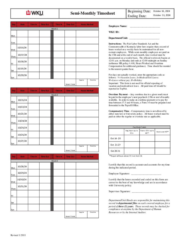 Fillable Online Semi-monthly Timesheet Fax Email Print - pdfFiller