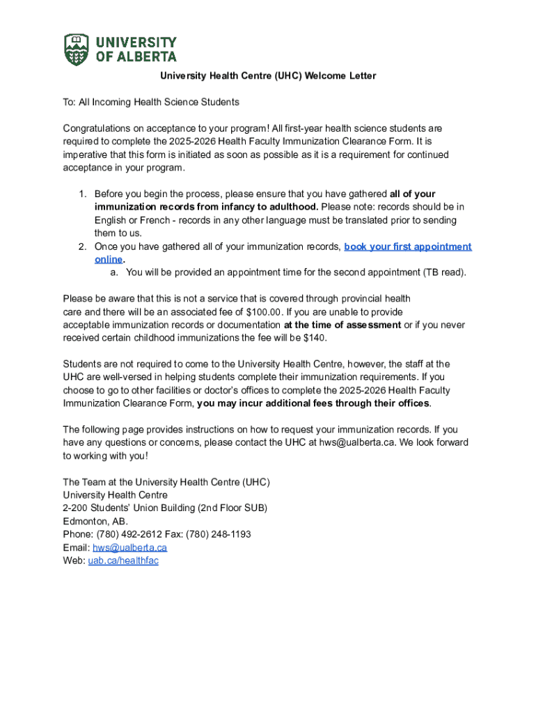 Fillable Online University Health Centre (uhc) Welcome Letter Fax Email Print - pdfFiller