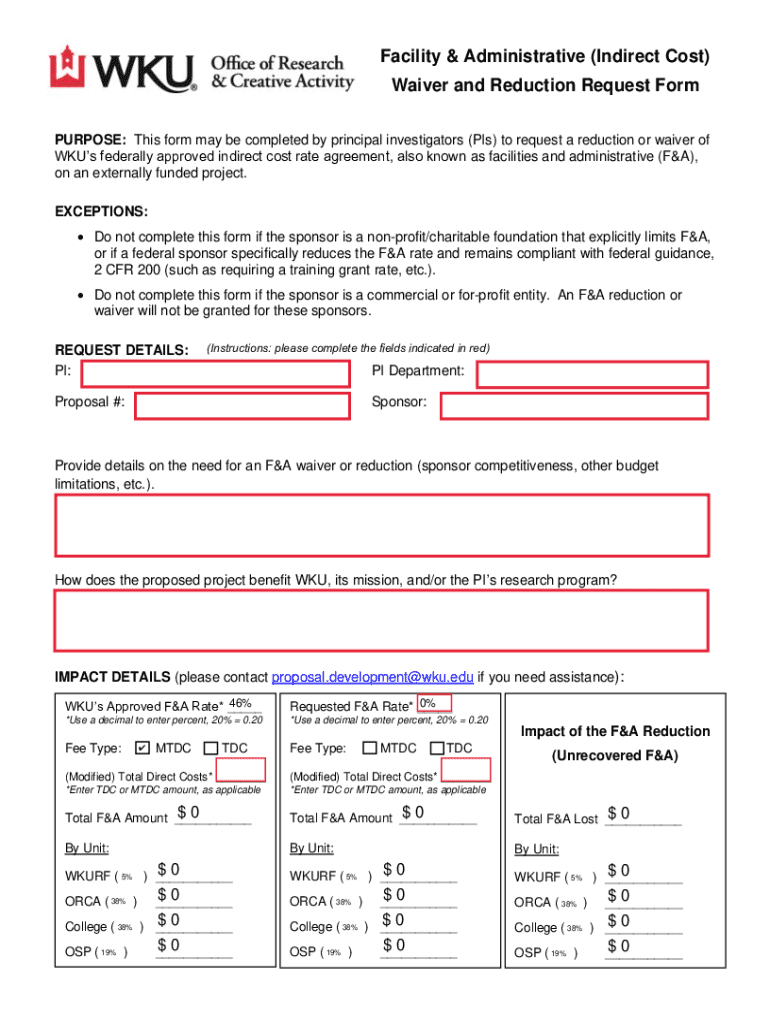 Fillable Online Facility & Administrative Waiver and Reduction Request Fax Email Print - pdfFiller