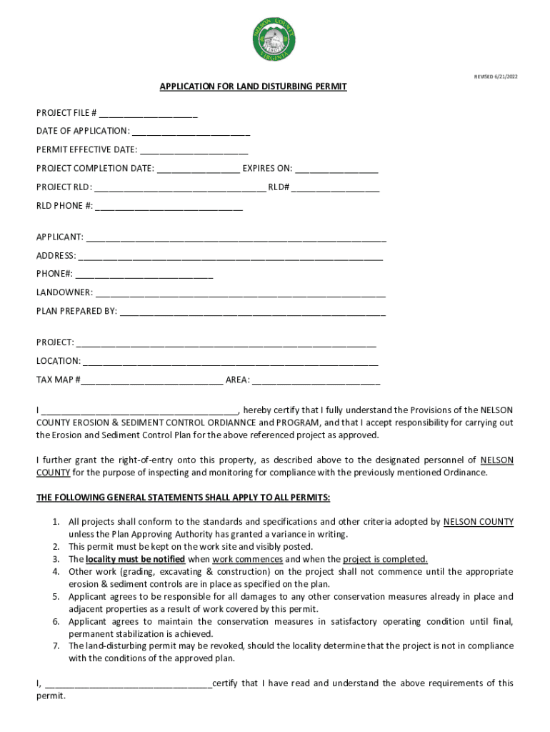 Fillable Online Application for Land Disturbing Permit Fax Email Print - pdfFiller