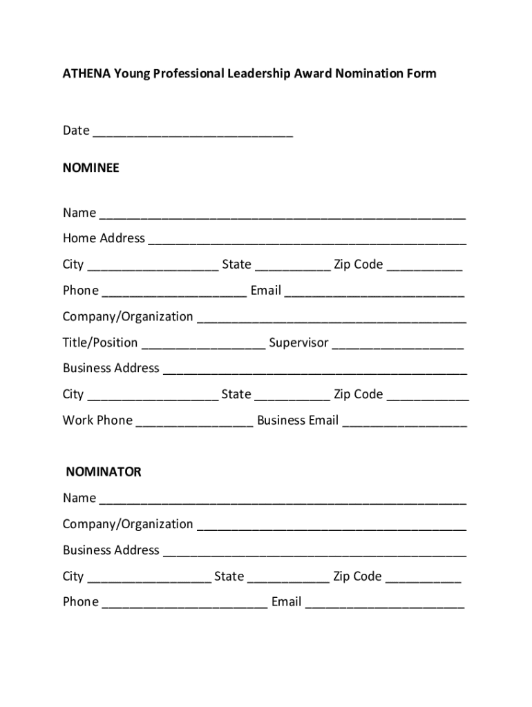Fillable Online Athena Young Professional Leadership Award Fax Email ...