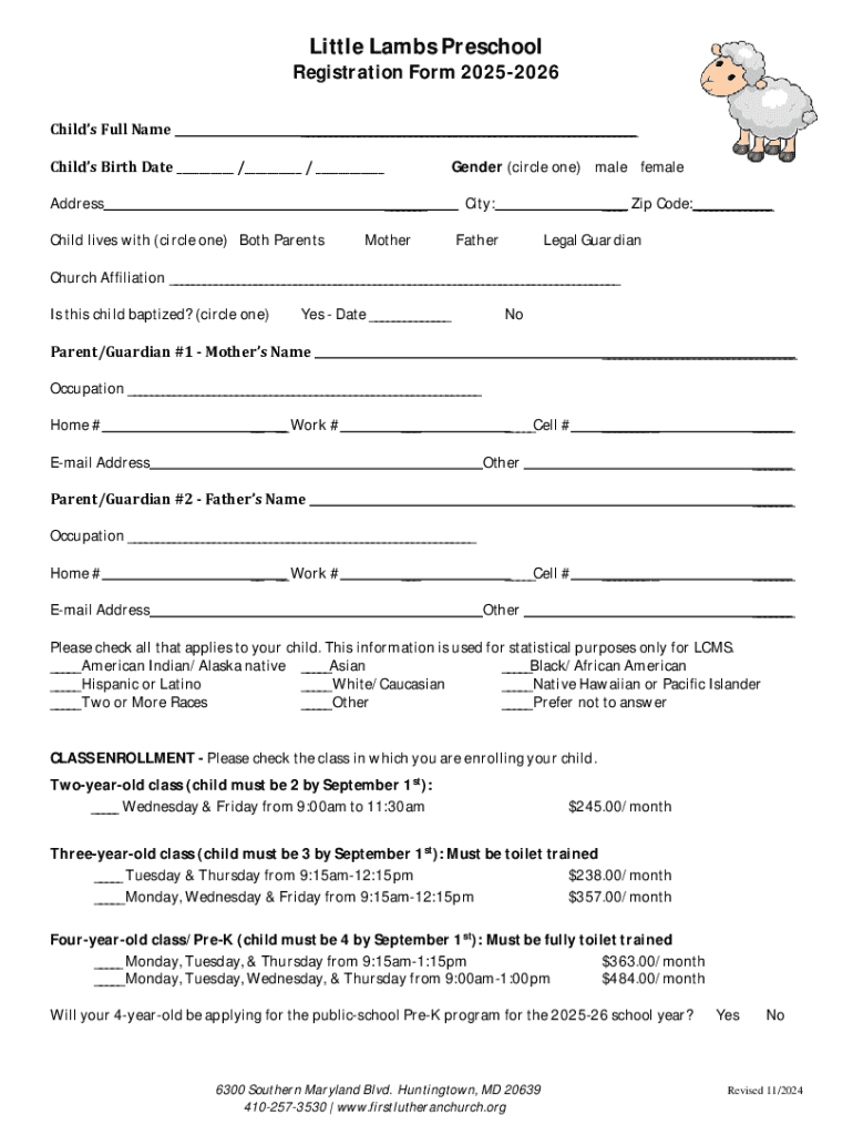 Fillable Online Little Lambs Preschool Registration Form Fax Email Print - pdfFiller