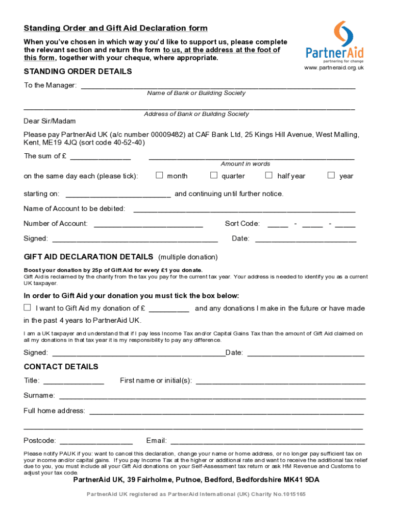 Fillable Online Standing Order and Gift Aid Declaration Fax Email Print ...