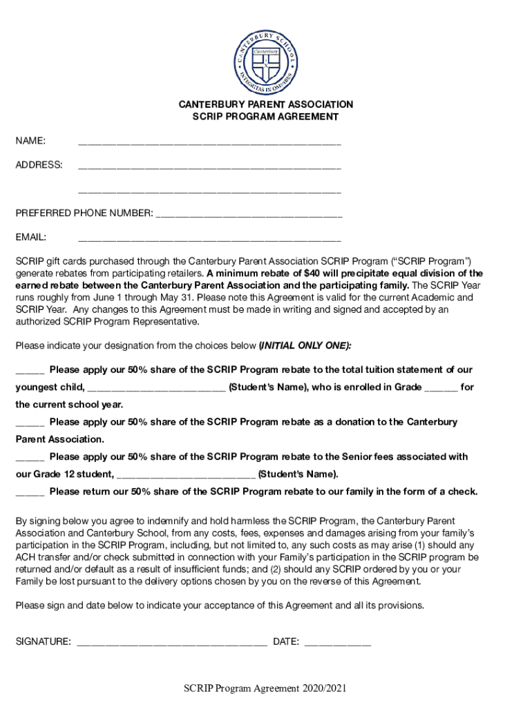 Fillable Online Canterbury Parent Association Scrip Program Agreement Fax Email Print - pdfFiller