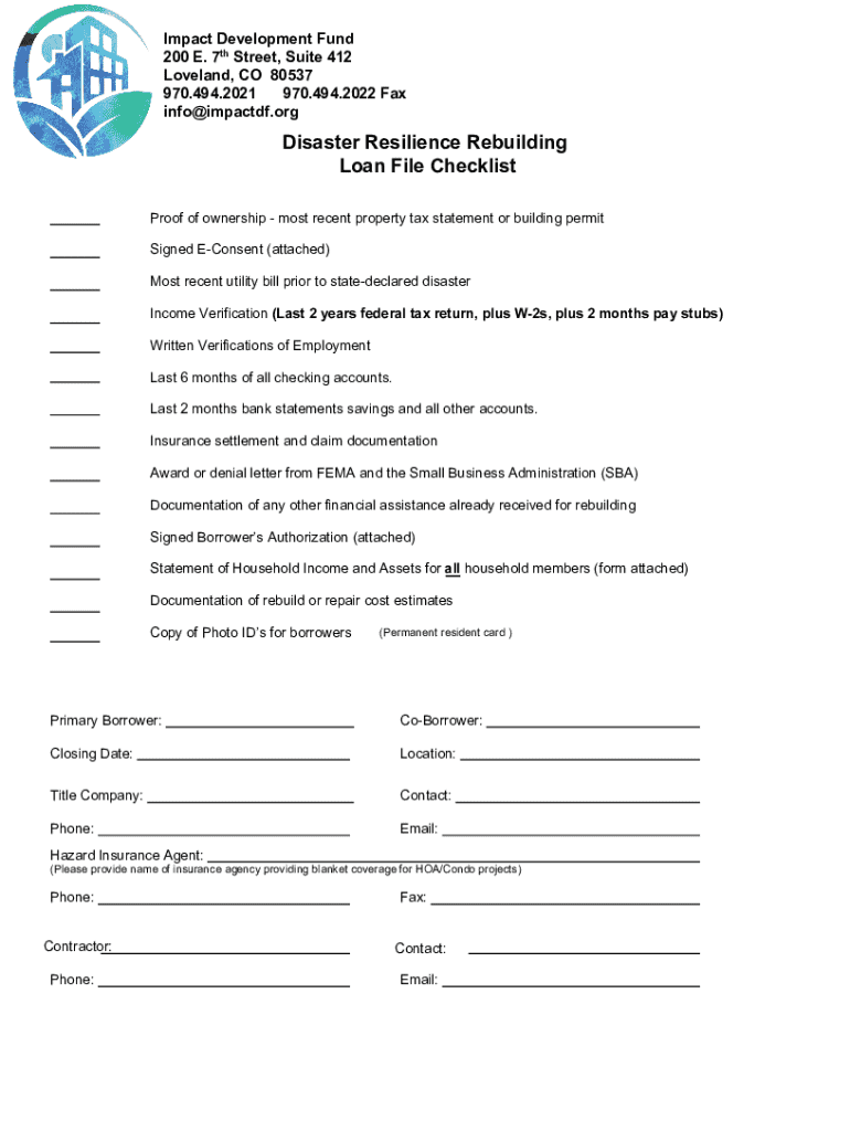 Fillable Online Disaster Resilience Rebuilding Loan File Checklist Fax ...