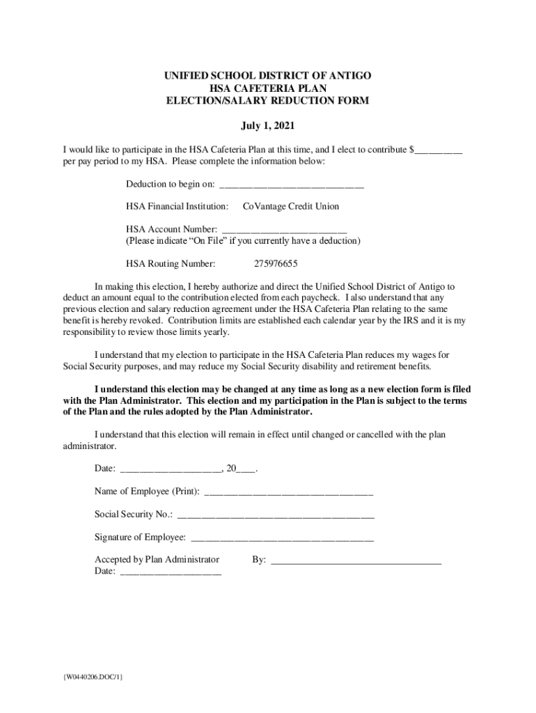 Fillable Online Hsa Cafeteria Plan Election/salary Reduction Form Fax ...