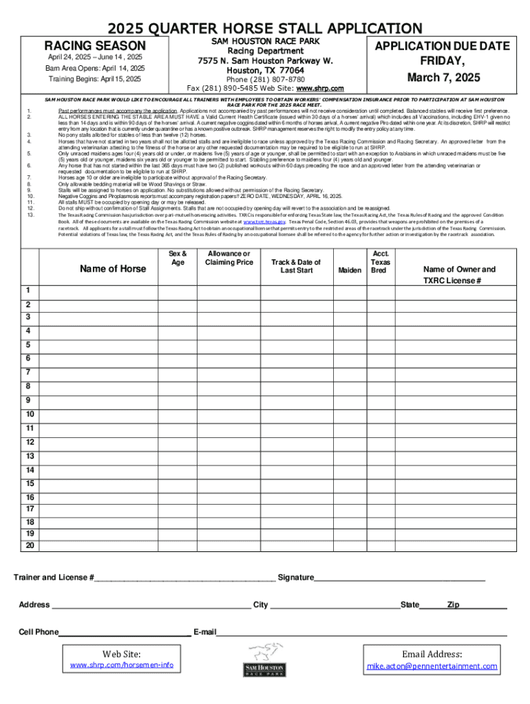 Fillable Online 2025 Quarter Horse Stall Application - Sam Houston Race ...
