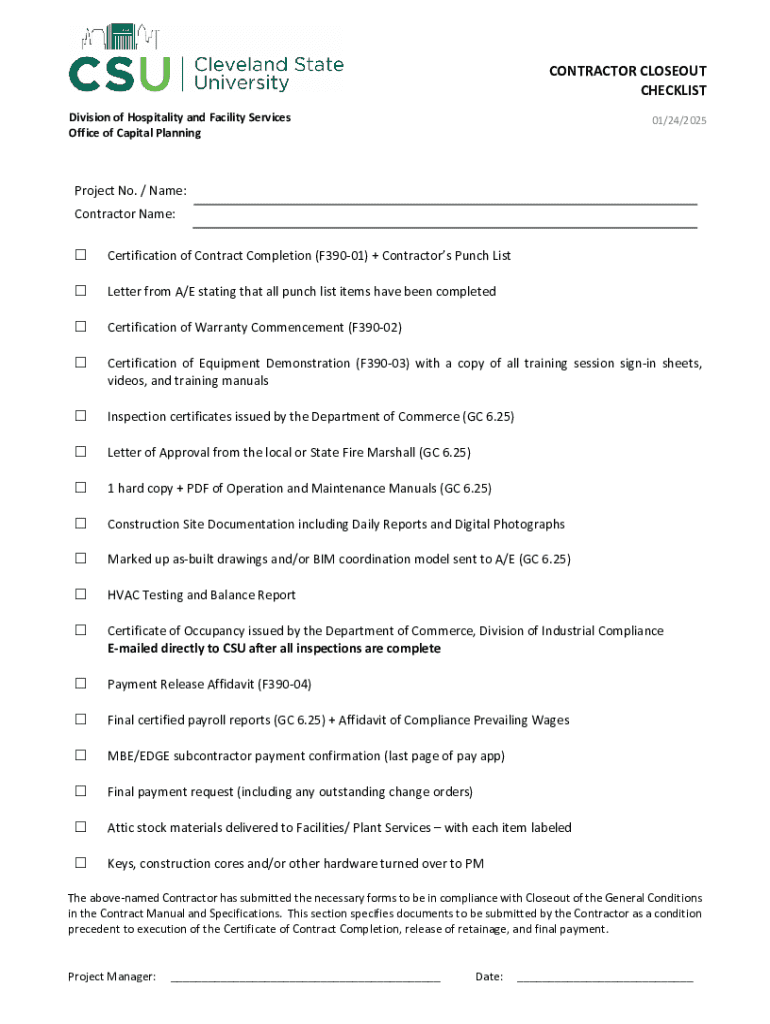Fillable Online Contractor Closeout Checklist Fax Email Print - pdfFiller