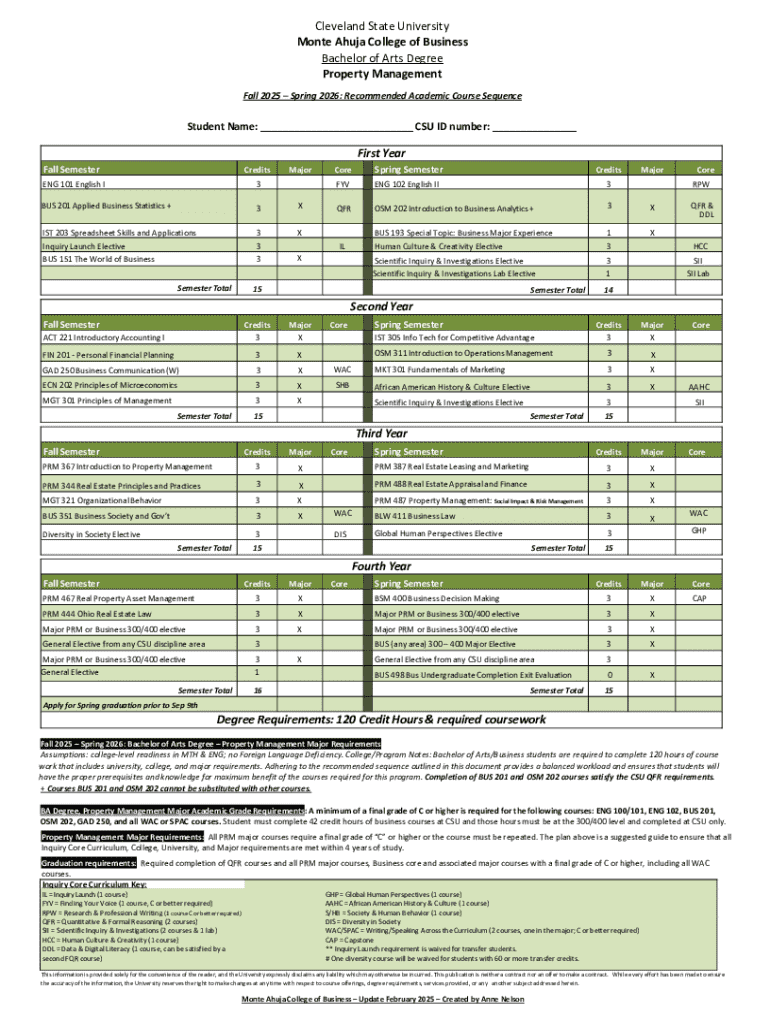 Fillable Online Fall 2025 Spring 2026: Recommended Academic Course Sequence Fax Email Print ...