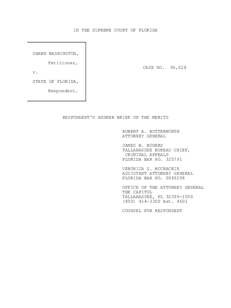 Fillable Online State of Florida V. Shawn Washington - Respondent's ...