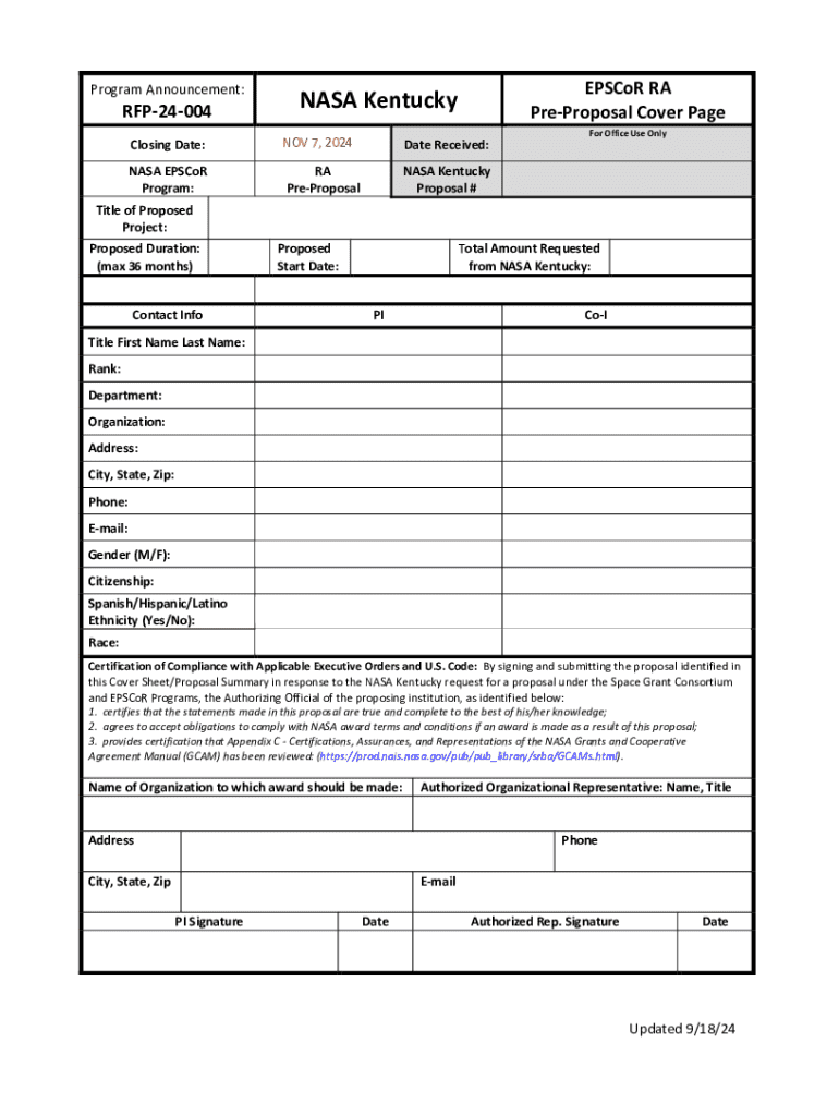 Fillable Online Nasa Epscor Ra Pre-proposal Cover Page Fax Email Print - pdfFiller