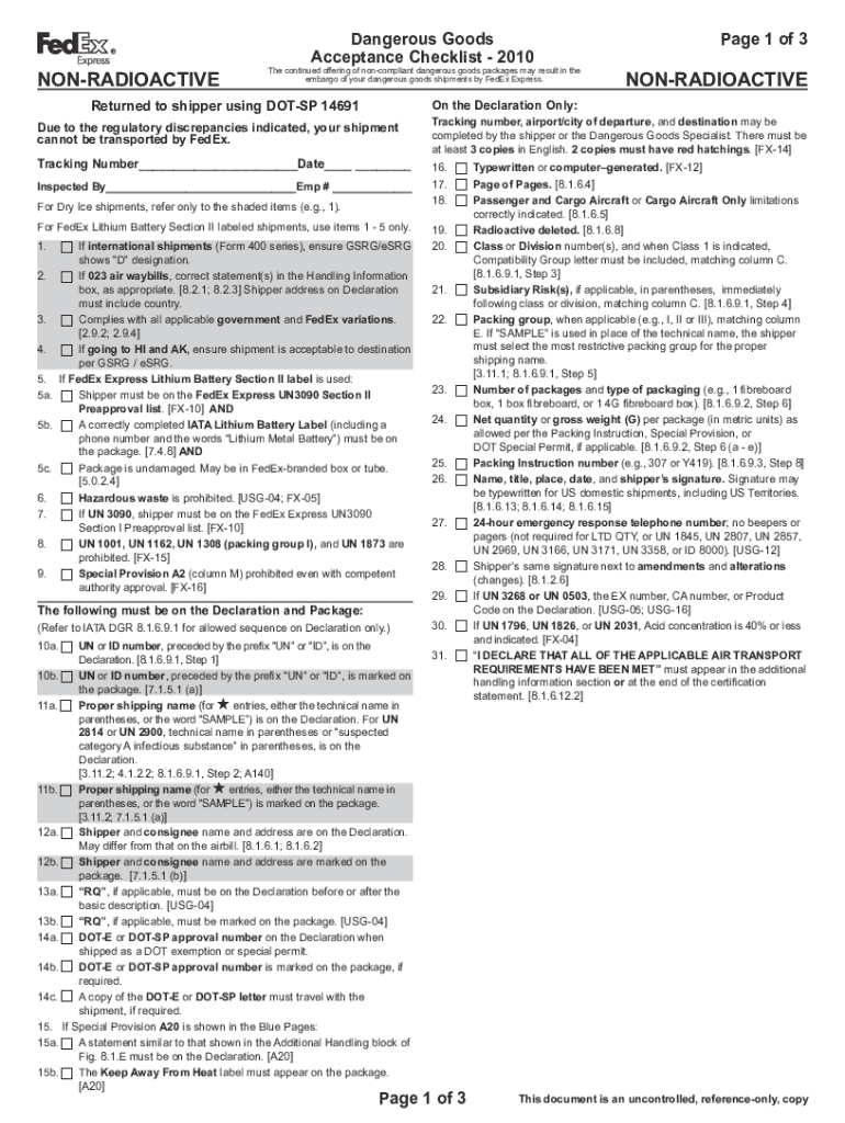 Fillable Online Dangerous Goods Acceptance Checklist - 2010 Fax Email ...