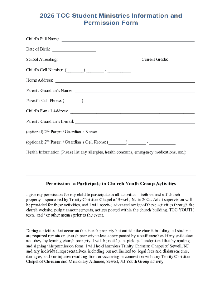 Fillable Online 2025 Tcc Student Ministries Information and Permission Form Fax Email Print ...