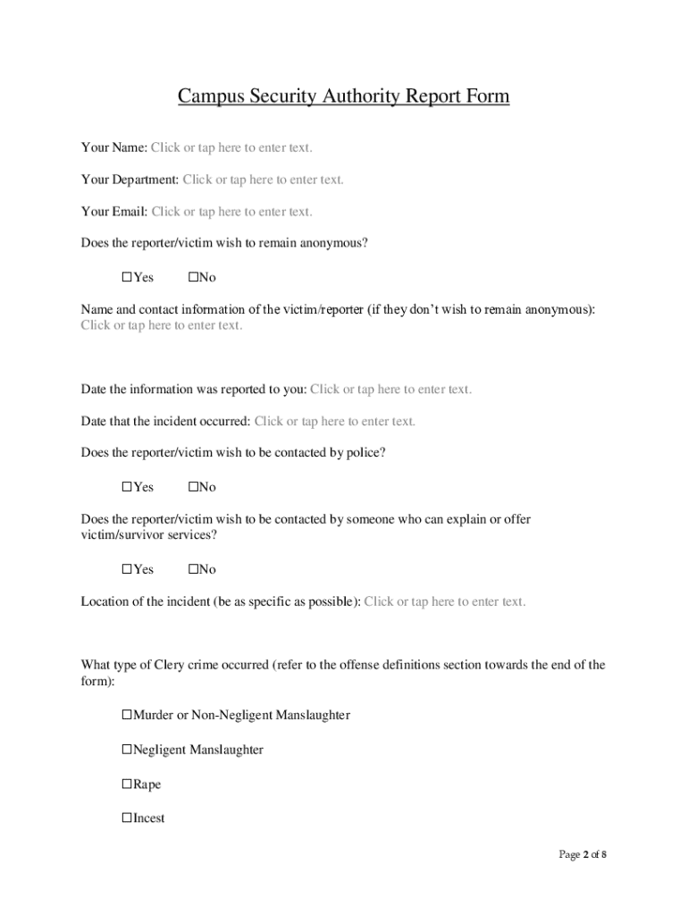Fillable Online Texas Woman’s University Campus Security Authority Report Form Fax Email Print ...