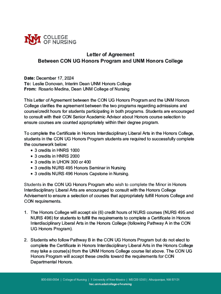 Fillable Online Letter of Agreement Between Con Ug Honors Program and ...