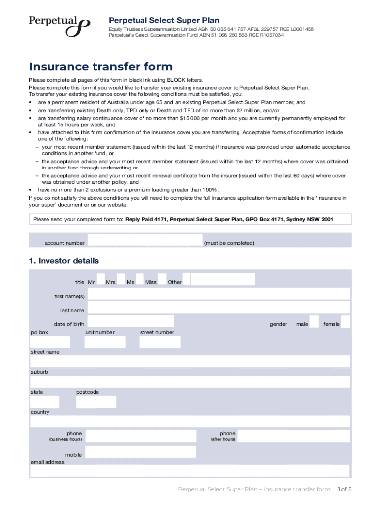 Fillable Online Insurance Transfer Form for Perpetual Select Super Plan Fax Email Print - pdfFiller