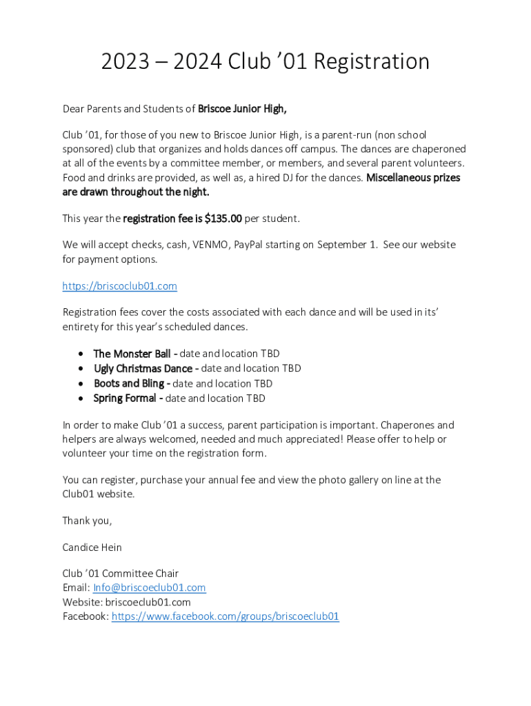 Fillable Online Briscoe Junior High Club ’01 Registration Fax Email ...