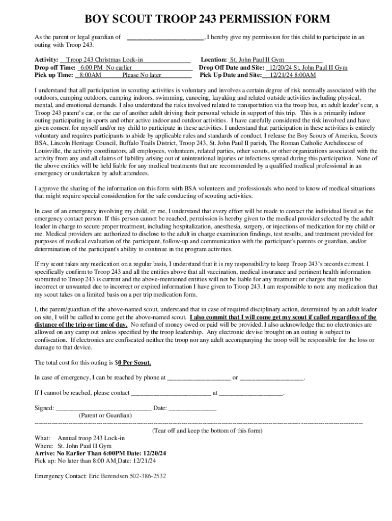 Fillable Online Troop 243 Christmas Lock-in Permission Form Fax Email Print - pdfFiller