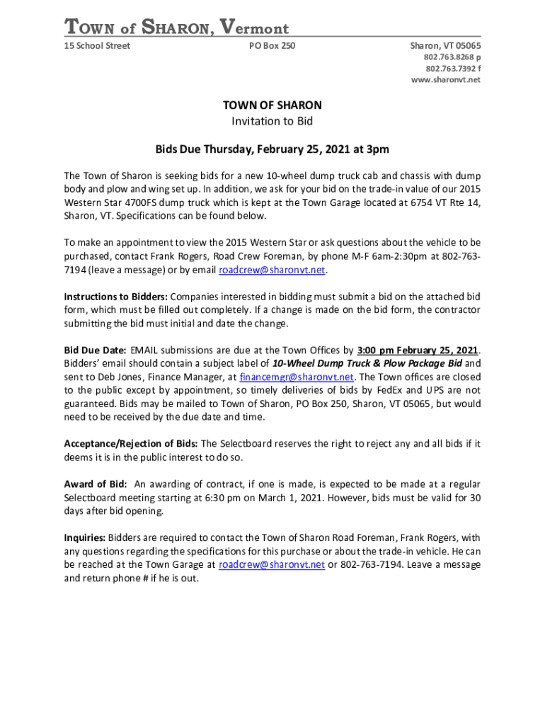 Fillable Online Invitation to Bid for 10-wheel Dump Truck With Plow Package Fax Email Print ...