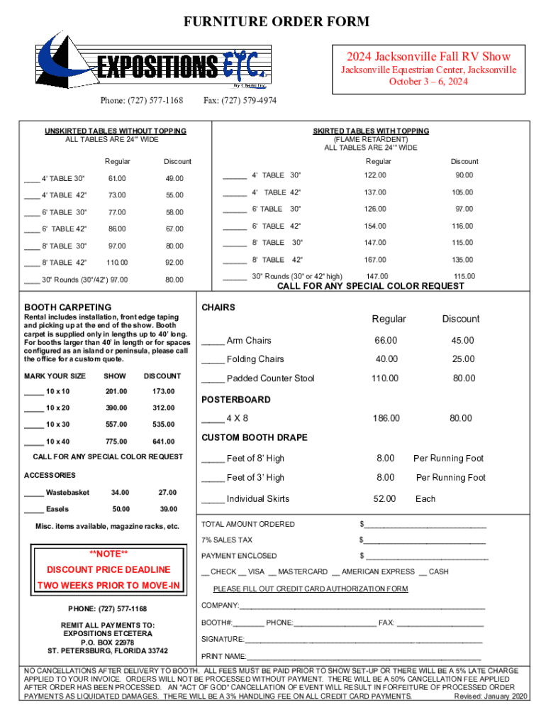 Fillable Online Furniture Order Form for 2024 Jacksonville Fall Rv Show ...